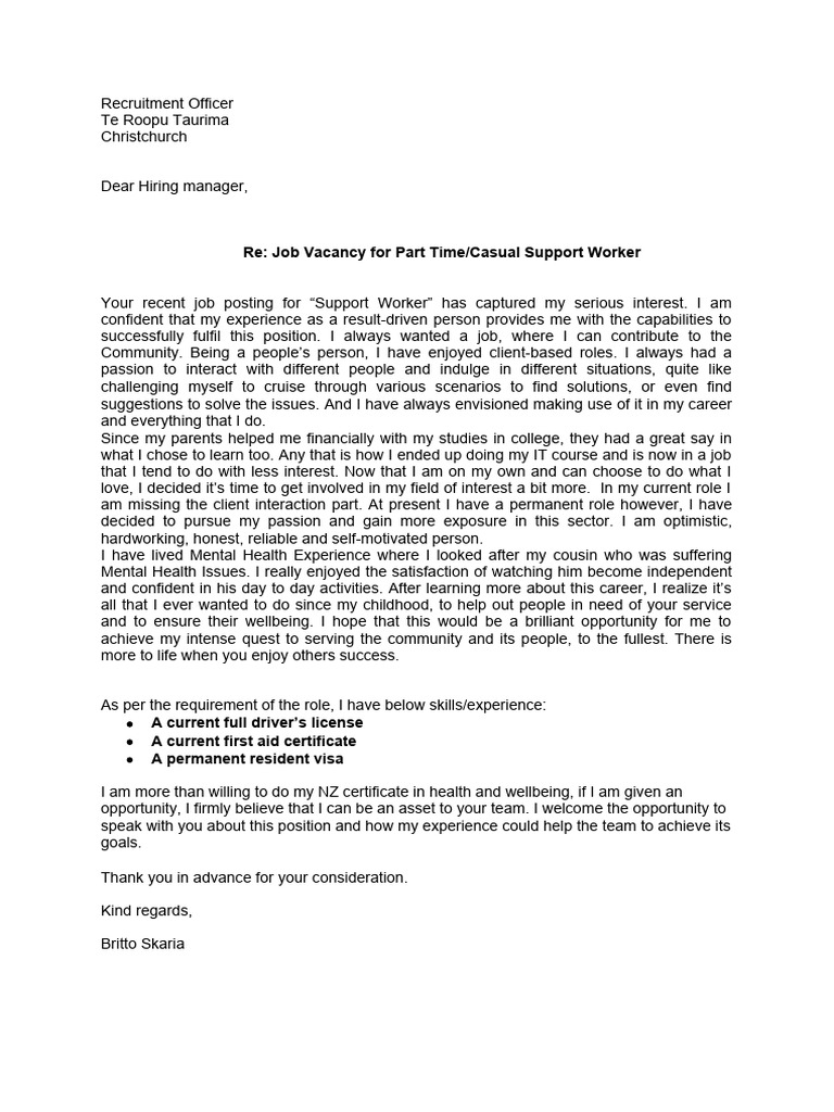 Britto Cover Letter Community Support Work - Te Roopu Taurima | PDF ...