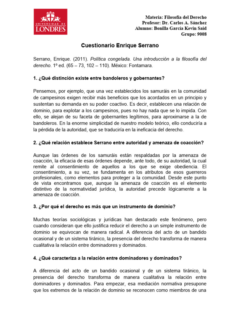 Folosofía Del Derecho - Cuestionario Enrique Serrano | PDF | Justicia | Crimen y violencia