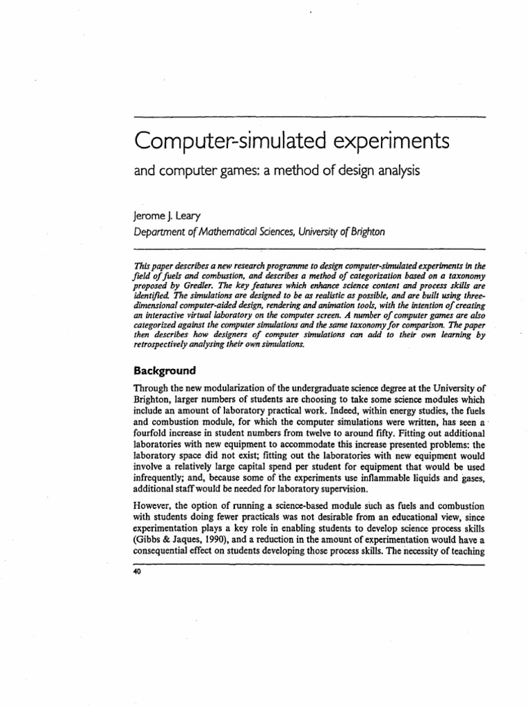 Computer Simulated Experiments and Computer Games: A Method of Design ...