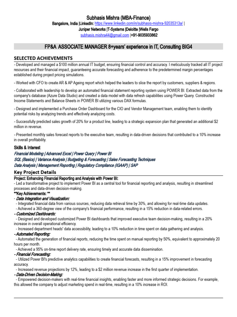Subhasis CV FP&A | PDF | Financial Analyst | Forecasting