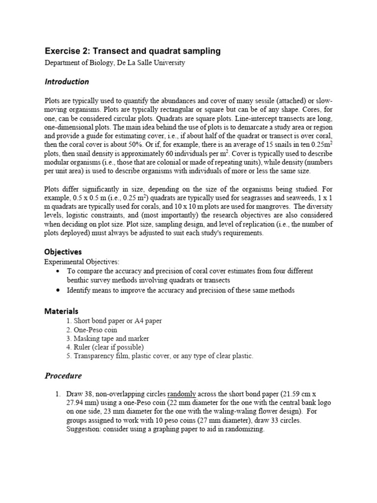 LBBBI14 2022B Exercise 3 Transect and Quadrat Sampling 25 Jan 2023 | PDF | Sampling (Statistics ...
