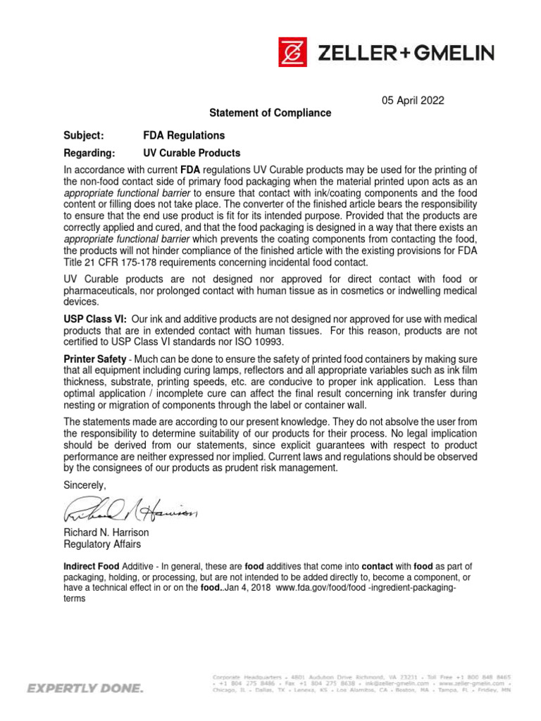 2022 - FDA Statement - Food - Drug - Cosmetic - Med Devices - USP Class ...