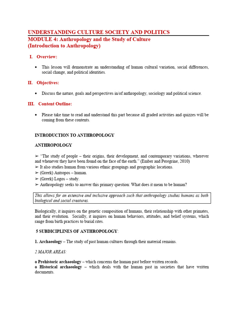 Module 4 Anthropology and The Study of Culture | PDF | Anthropology | Human