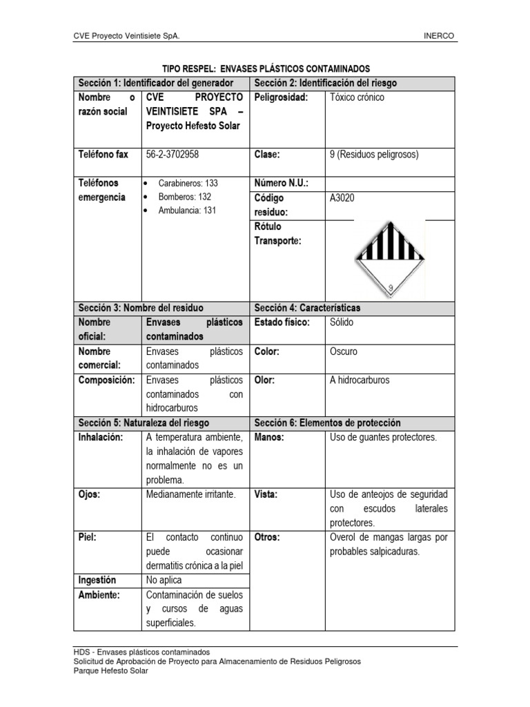 5.3. Hojas de Seguridad - Envases Plasticos Contaminados | PDF | El plastico | Agua