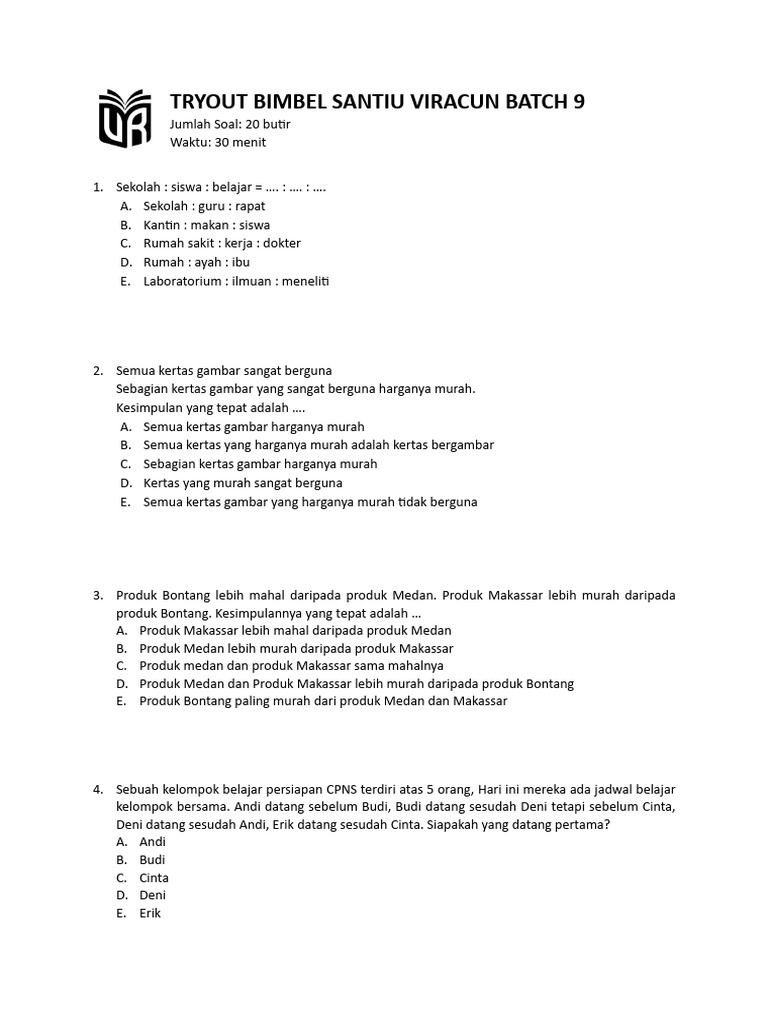 Tryout Bimbel Santiu Viracun Batch 9 | PDF | Griya & Taman | Seni