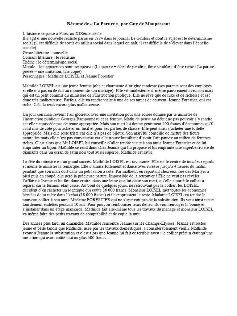Résumé de "La Parure" de Maupassant | PDF