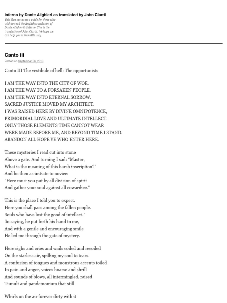 Canto III Inferno by Dante Alighieri As Translated by John Ciardi | PDF ...