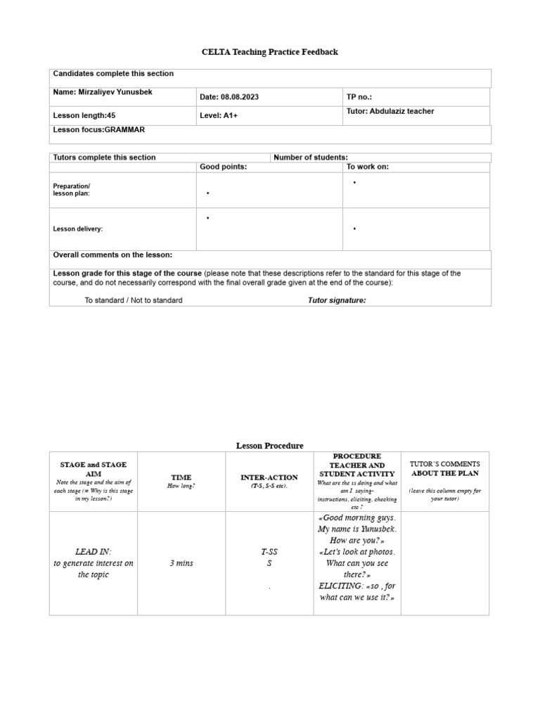Template For Lesson Planning (CELTA BASED) | PDF | Cognitive Science ...