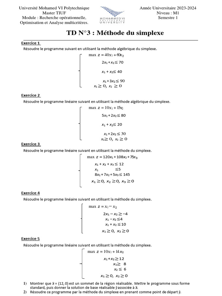 TD3-méthode Simplexe | PDF | Optimisation linéaire | Analyses