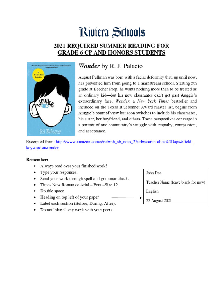 Grade6CPandHonors-Wonder 20211 | PDF | Bullying | Psychology