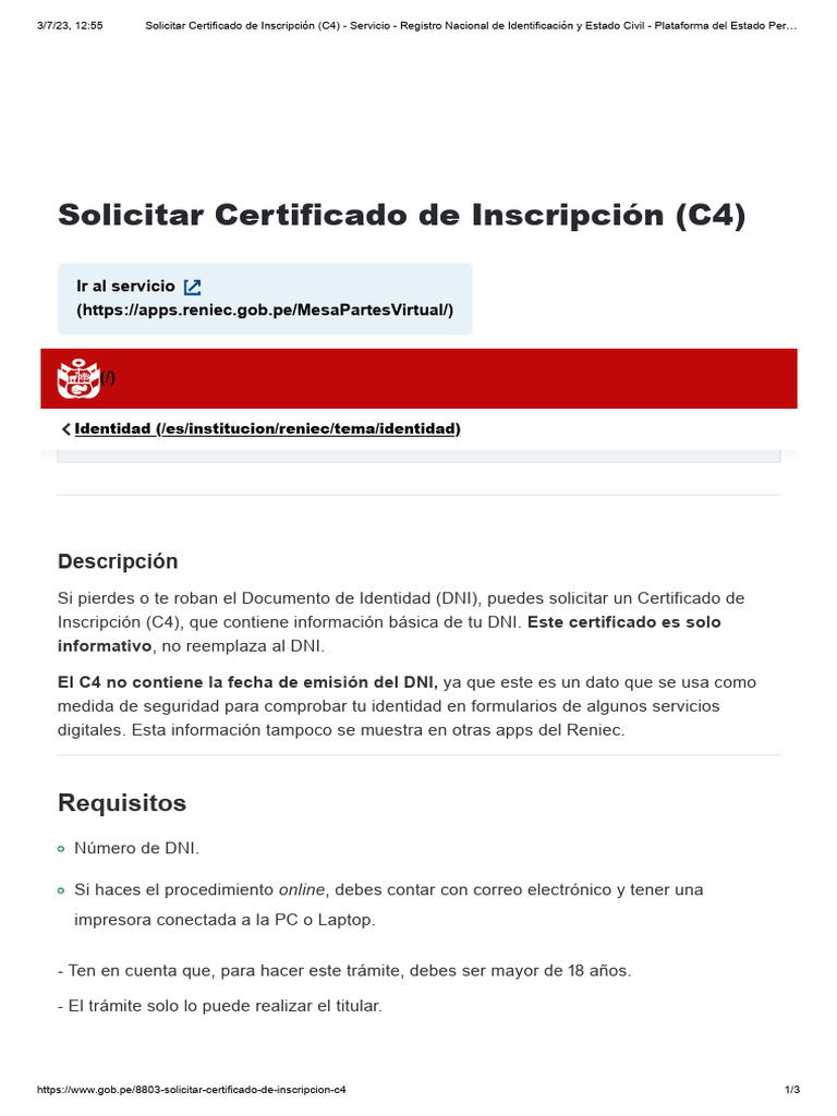 Solicitar Certificado de Inscripción (C4) - Servicio - Registro Nacional de Identificación y ...
