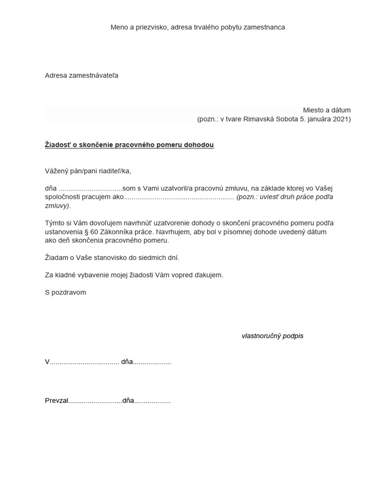 Ziadost Ukoncenie Prac Pomeru Profesia | PDF