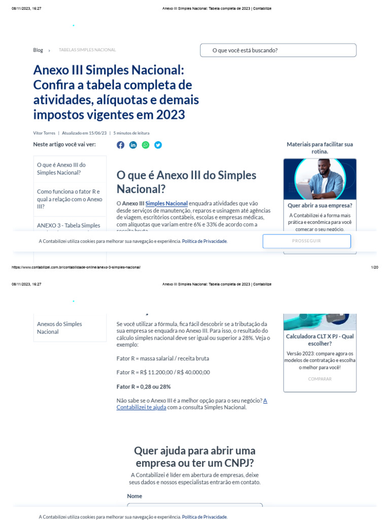 Anexo III Simples Nacional - Tabela Completa de 2023 - Contabilize | PDF | Contabilidade | Impostos