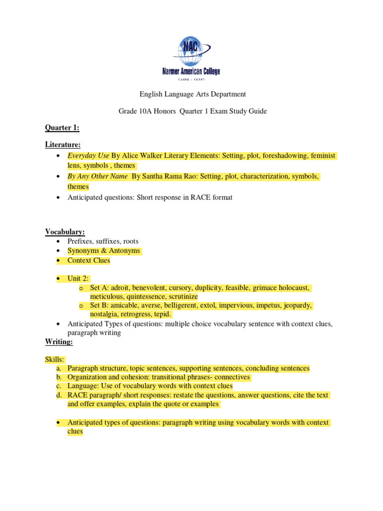 Grade 10 Quarter 1 Study Guide | PDF