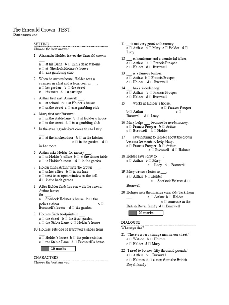 Sherlock Holmes The Emerald Crown Editable Test | Download Free PDF ...