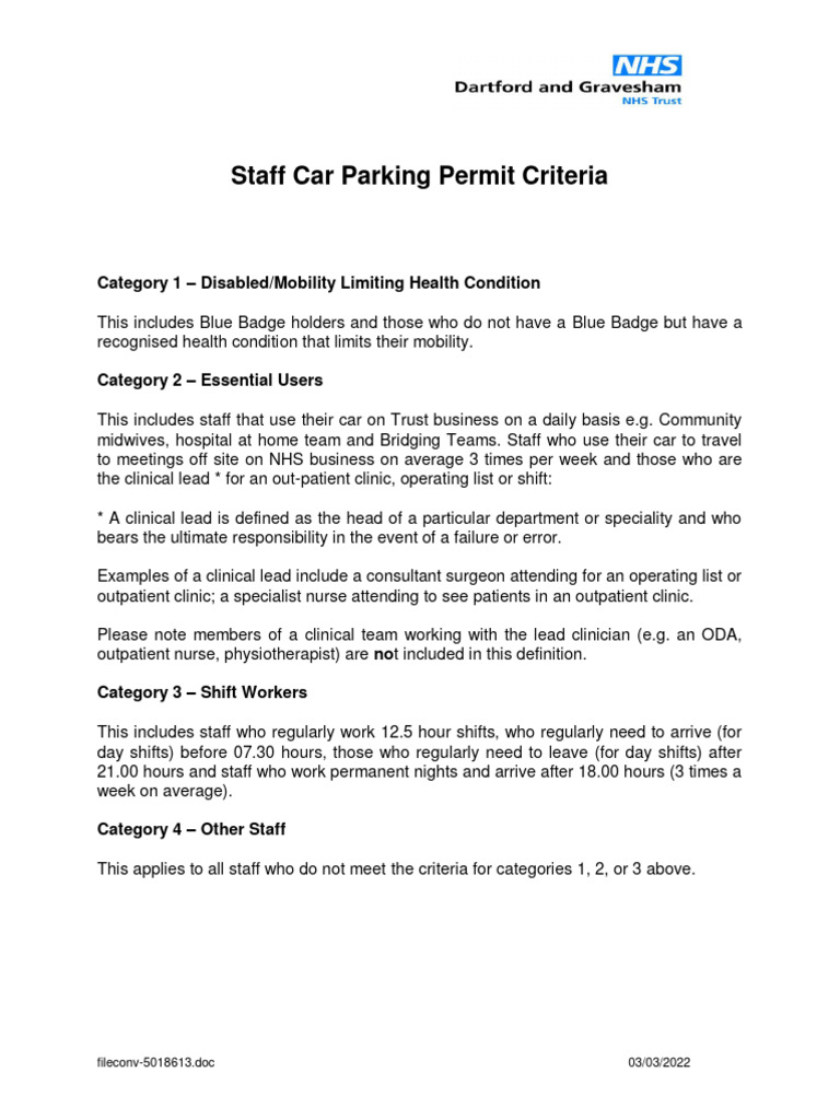 Staff Car Parking Permit Categories (April 2021) | PDF