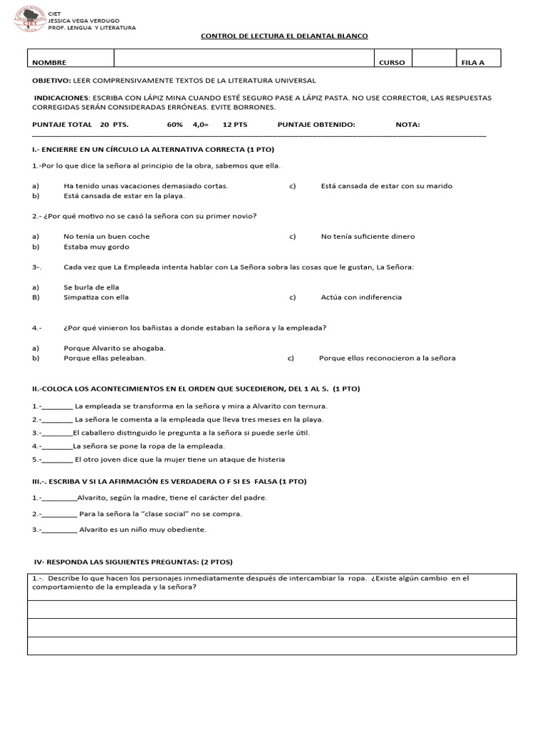 Control de Lectura: El Delantal Blanco | PDF | Artes del Lenguaje y ...