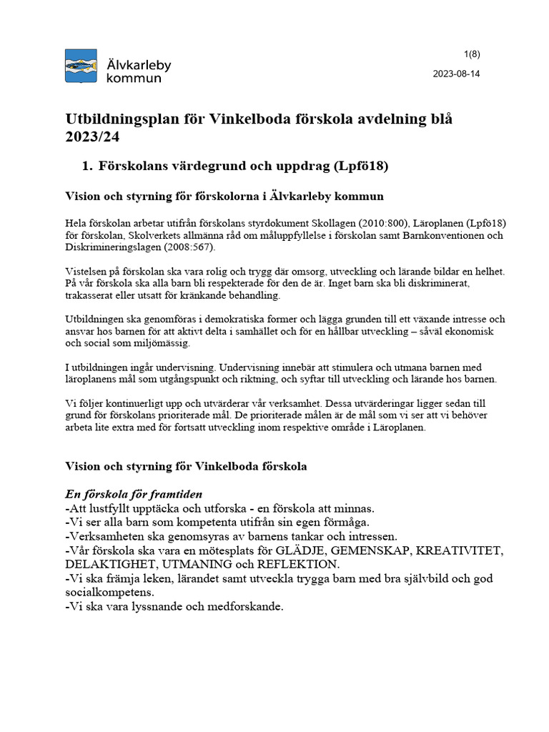 Utbildningsplan För Vinkelboda Förskola Avdelning Blå 2023/24 | PDF
