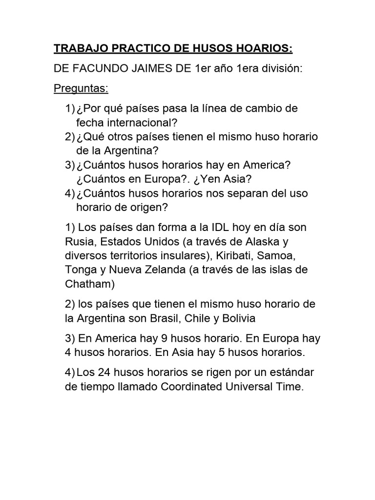 Trabajo Practico de Husos Horarios Facundo Jaimes 1ro 1ra | PDF