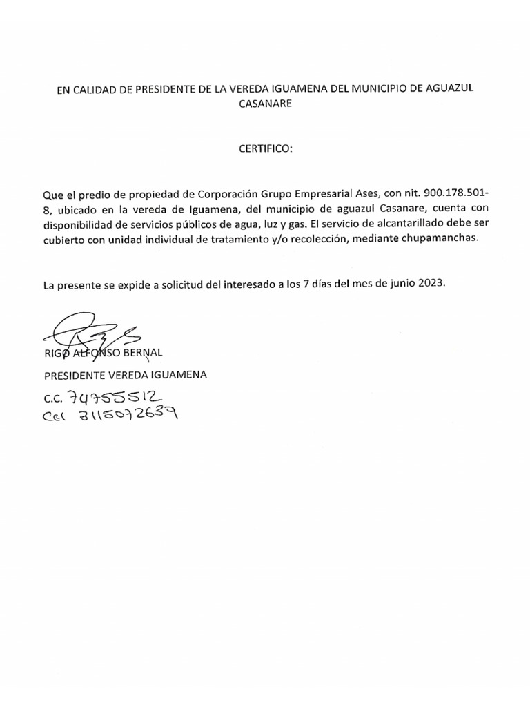 Certificación Disponibilidad de Servicios Públicos | PDF