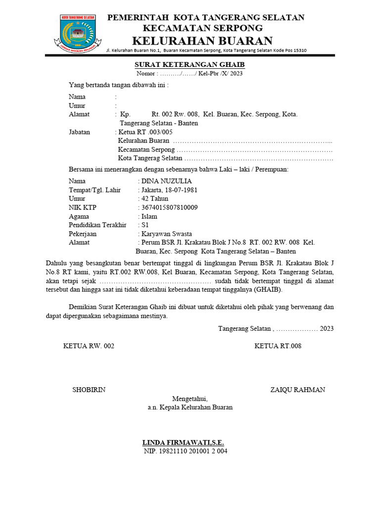 Surat Keterangan Ghoib Dina Nuzulia - 024037 | PDF