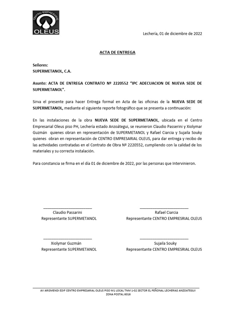Acta de Entrega Ipc Supermetanol | PDF