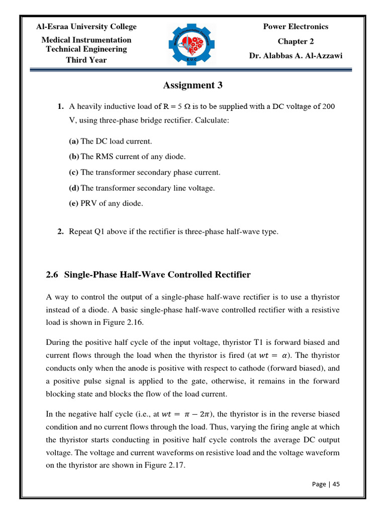 Assignment 3: 2.6 Single-Phase Half-Wave Controlled Rectifier | PDF | Rectifier | Power Electronics