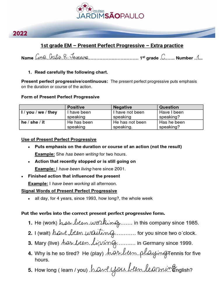 1st Grade EM - May - Practice Present Perfect Progressive | PDF ...