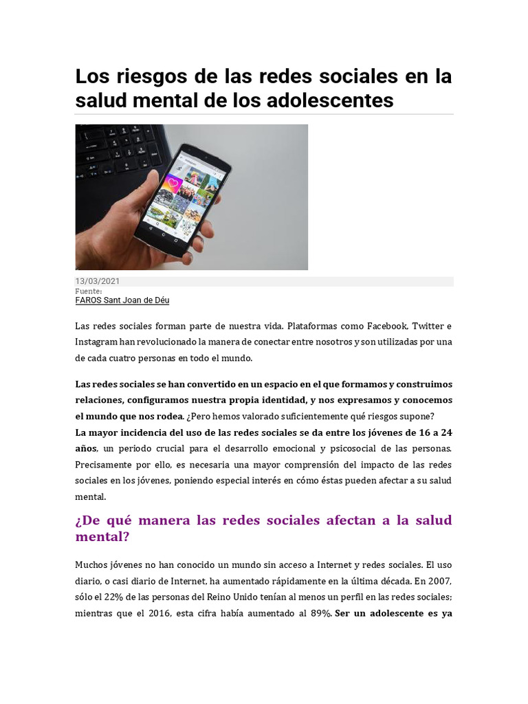 Los Riesgos de Las Redes Sociales en La Salud Mental de Los ...