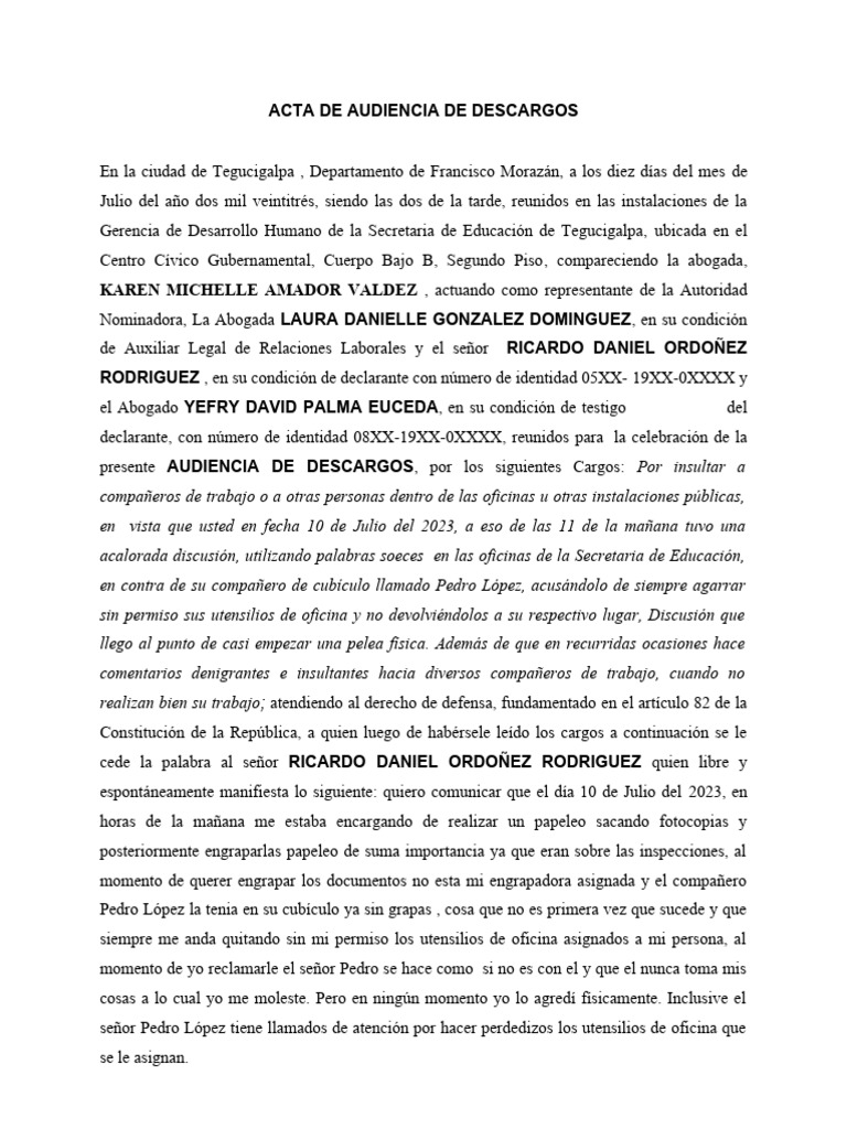 Acta de Audiencia de Descargos | PDF