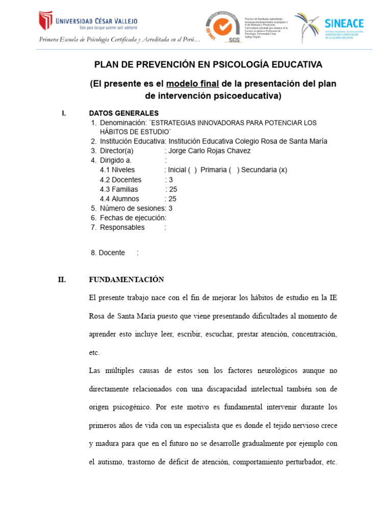 Programa de Intervencion, Psico. Educativa | PDF | Aprendizaje | Cognición