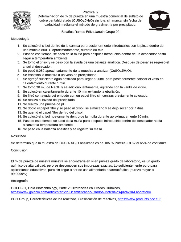 Practica 2 Determinacion % Pureza 2022 | PDF | Ciencias fisicas | Química