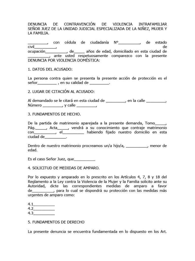 MODELO DE DENUNCIA DE CONTRAVENCIÓN DE VIOLENCIA INTRAFAMILIAR | PDF ...