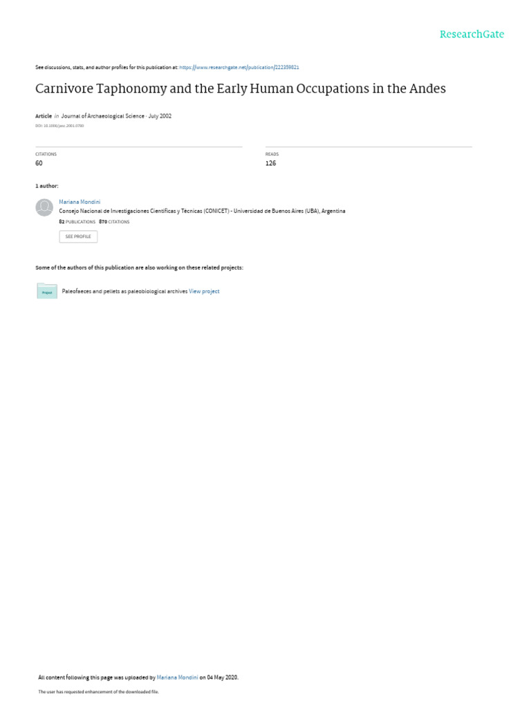 Carnivore Taphonomy and The Early Human Occupation in The Andes | PDF ...