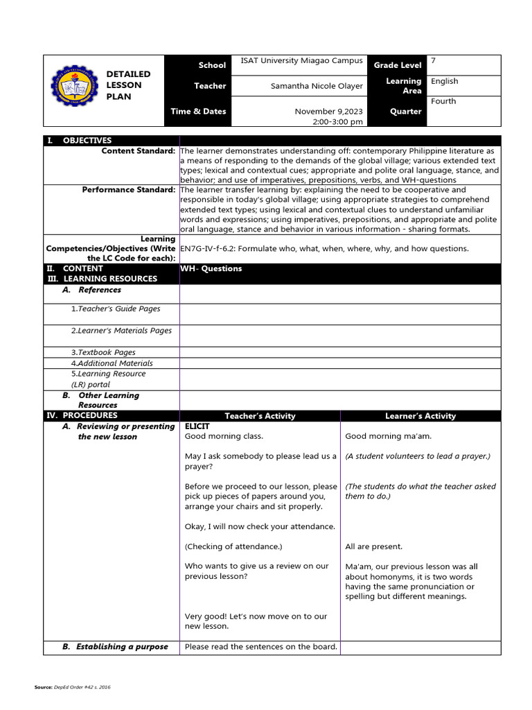 Lesson-Plan Wh Questions | PDF | Question | Learning