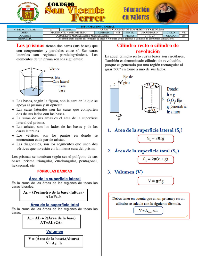 Áreas y Volumen de Los Prismas y Cilindros 3ro 2023 | PDF | Triángulo ...