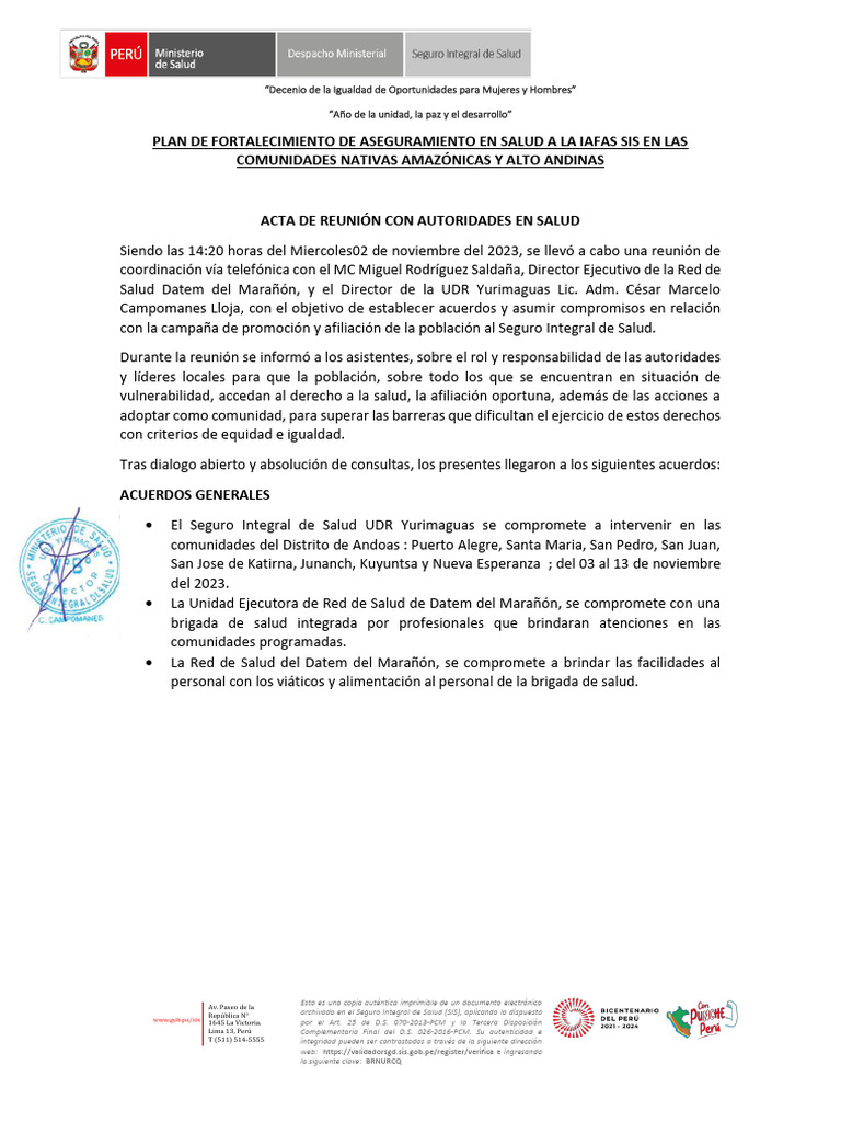 Acta de Reunion Con Autoridades para Campañas de Afiliacion Comunidades Nativas Andoas Manchari ...