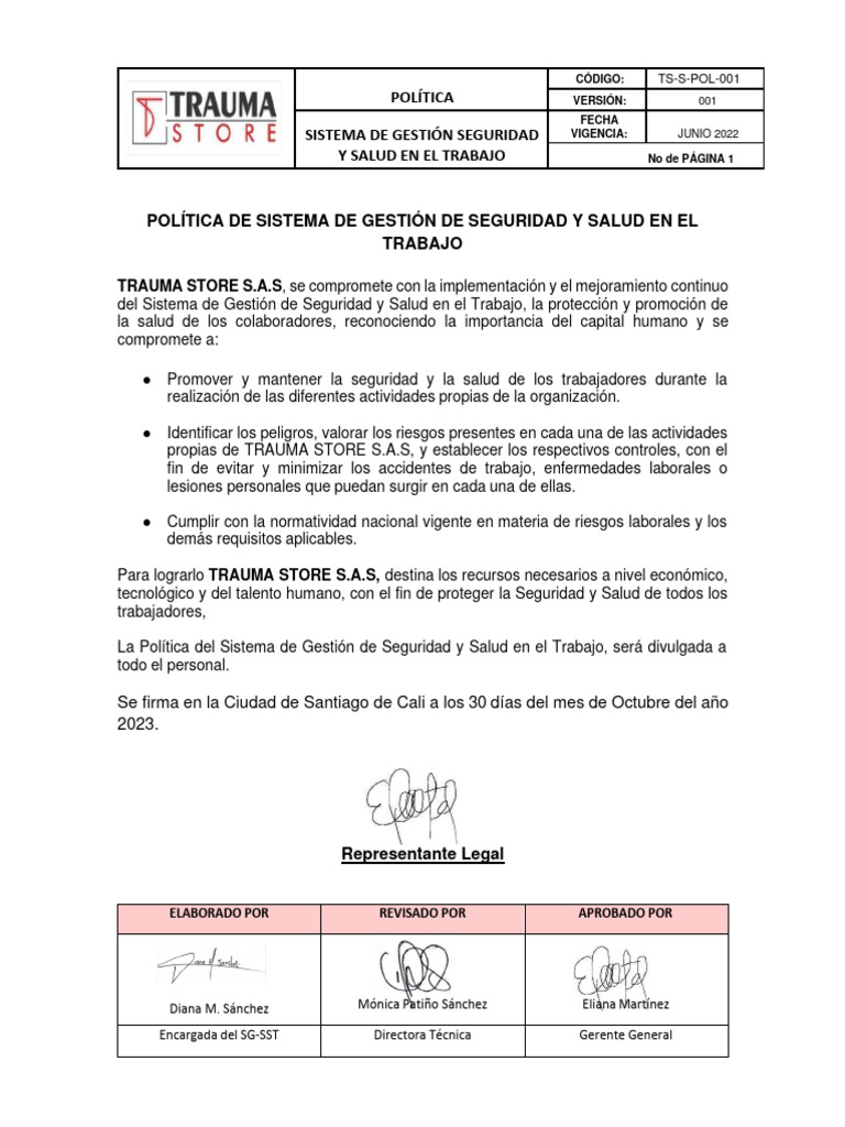 Ts-S-Pol - 001 - V1 Politica SG SST | PDF