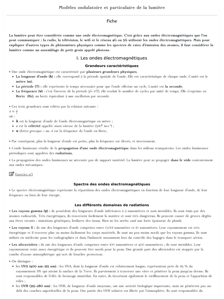 1re Physique Chimie Modeles Ondulatoire Et Particulaire de La Lumiere ...