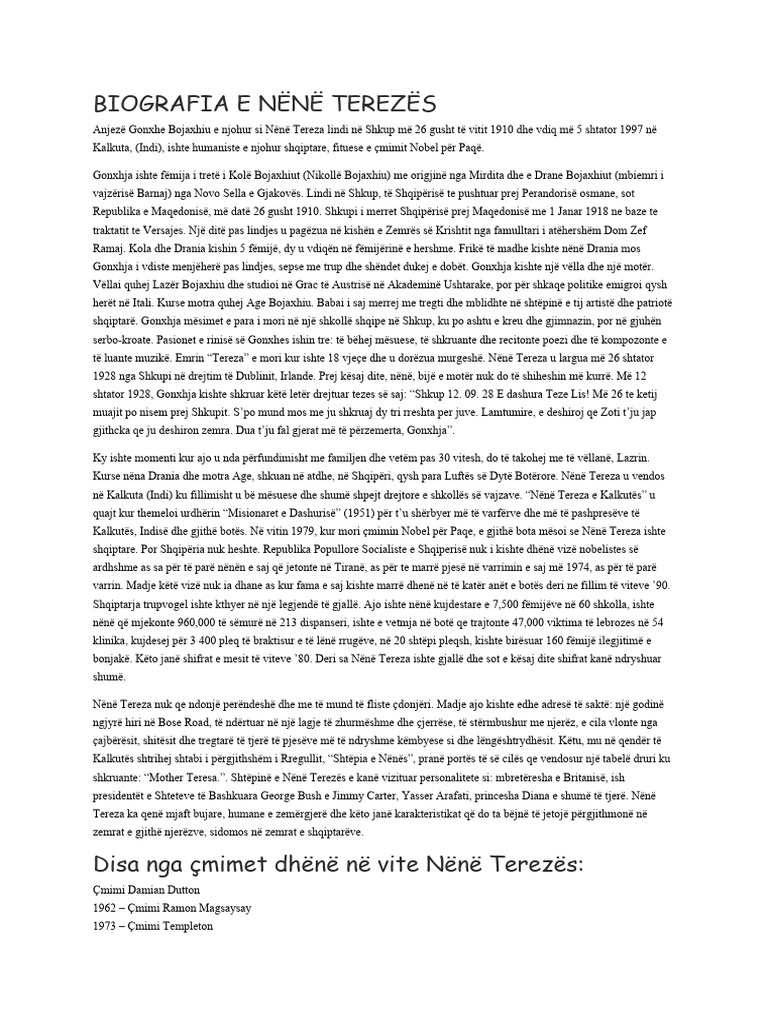 Biografia e Nënë Terezës | PDF