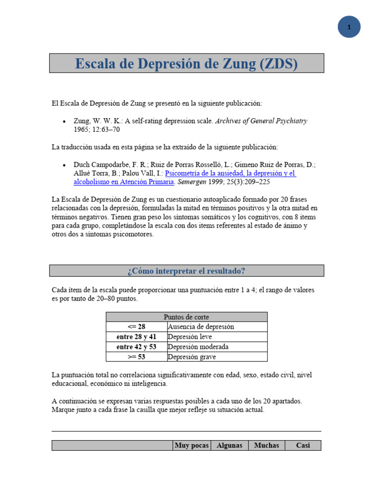 Escala de Depresión de Zung: Interpretación | PDF | Depresión (estado ...