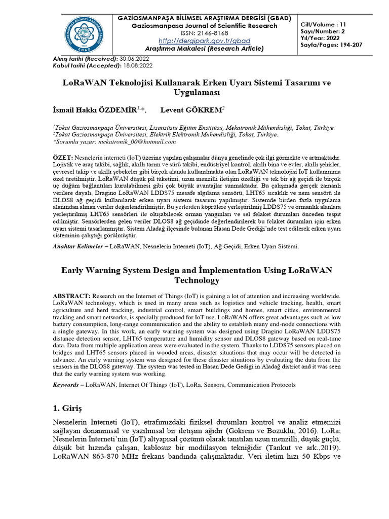 LoRaWAN Teknolojisi Kullanarak Erken Uyar - Sistemi Tasar - M - Ve Uygulamas - (#1138392 ...