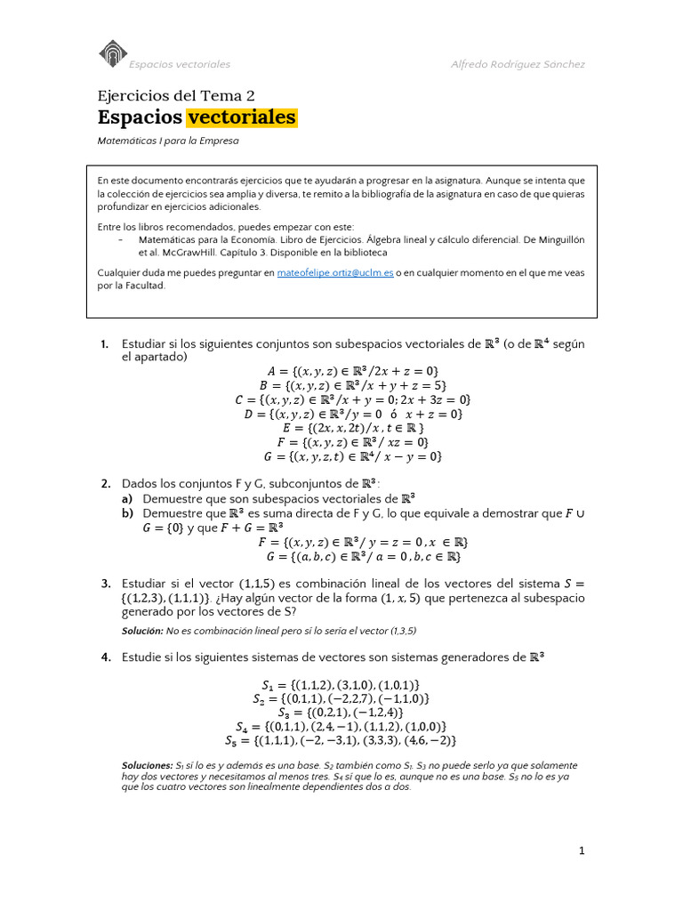 Tema2 Ejercicios v2 | PDF | Base (álgebra lineal) | Espacio vectorial