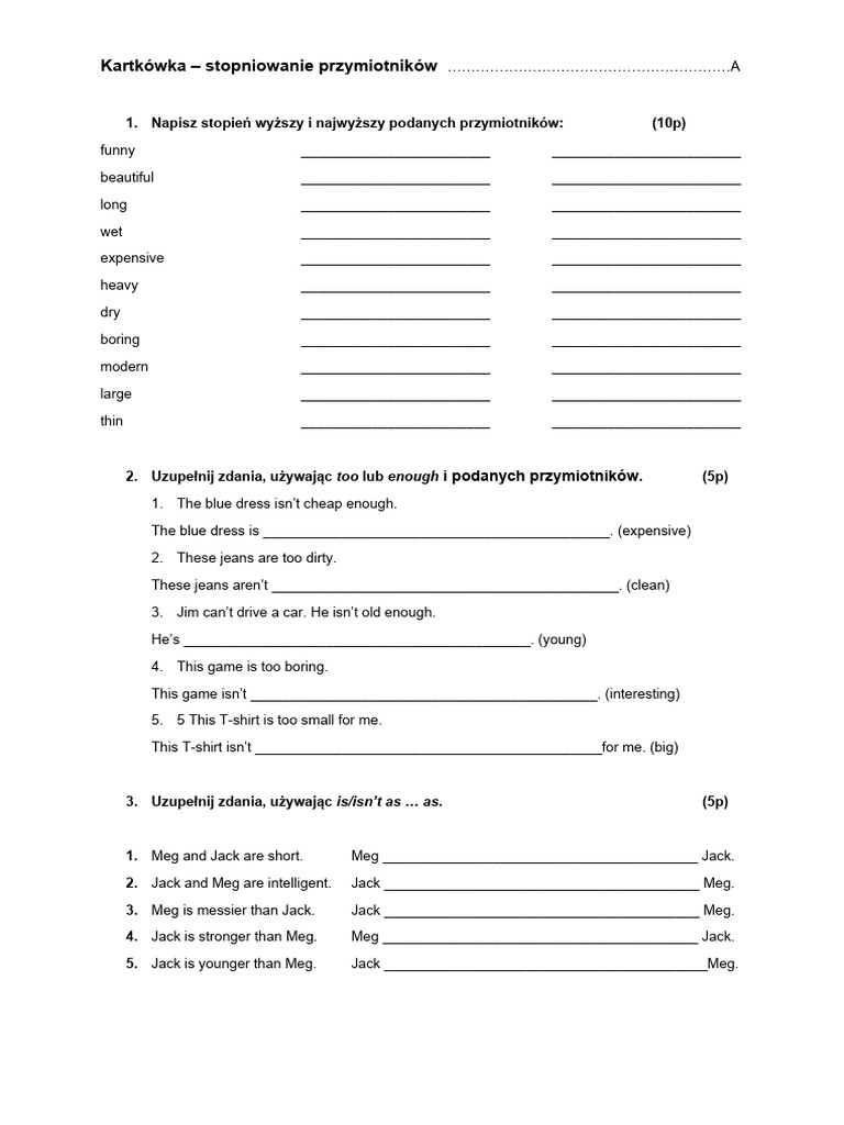 Kartkówka - Klasa 6 Stopniowanie Przymiotników | PDF