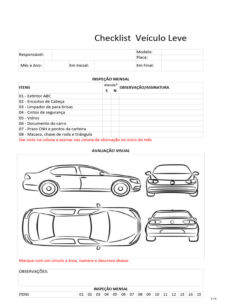 Planilha de Checklist de Veículos Excel Grátis | Download grátis PDF ...