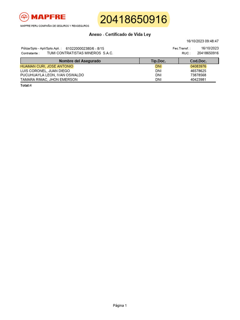 Tip - Doc. Cod - Doc. Nombre Del Asegurado: Anexo - Certificado de Vida ...