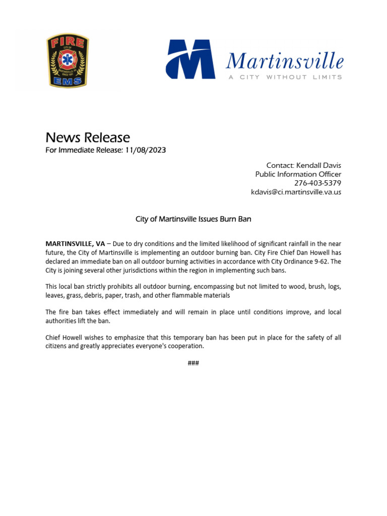 Martinsville Implements Outdoor Burn Ban | PDF
