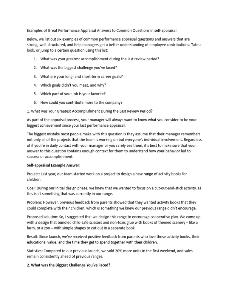 Effective Self-Appraisal Answer Samples | PDF | Goal | Performance ...
