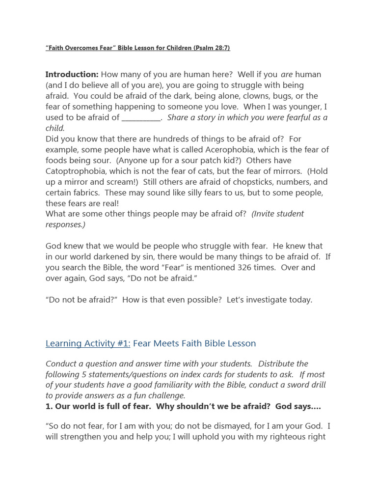 Faith Overcomes Fear.sunday School Lesson | PDF | God | Religious ...