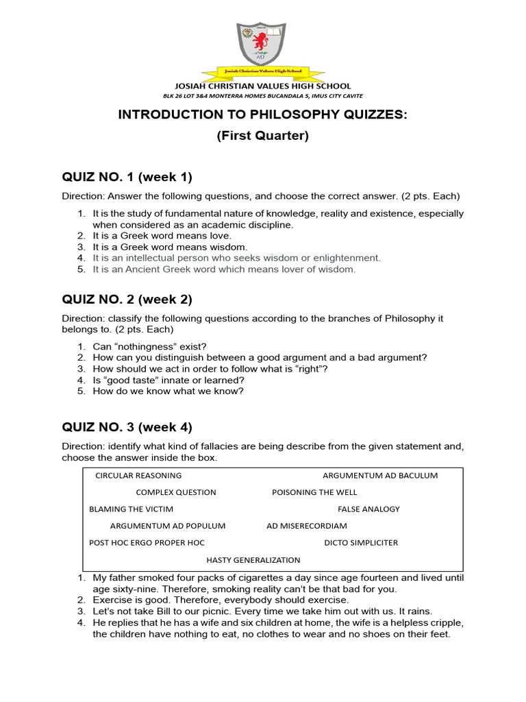Introduction To Philosophy Quiz | PDF | Metaphysics | Philosophical ...